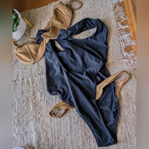 Same | Swim | Same Vdouble Layer Black And Gold Mocha Shimmer Plunge ...